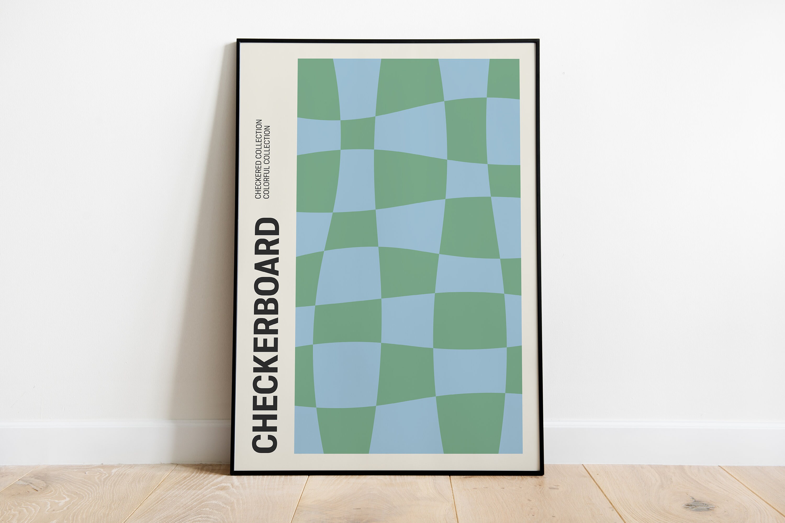 Funky Checkered Wavy Retro Digital Art Print, Green and Blue Trendy ...
