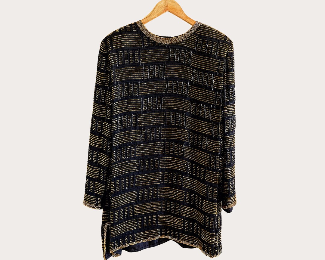 Vintage Frank Usher 70s 80s Beaded Black Gold Silk Dress Tunic | Silk ...
