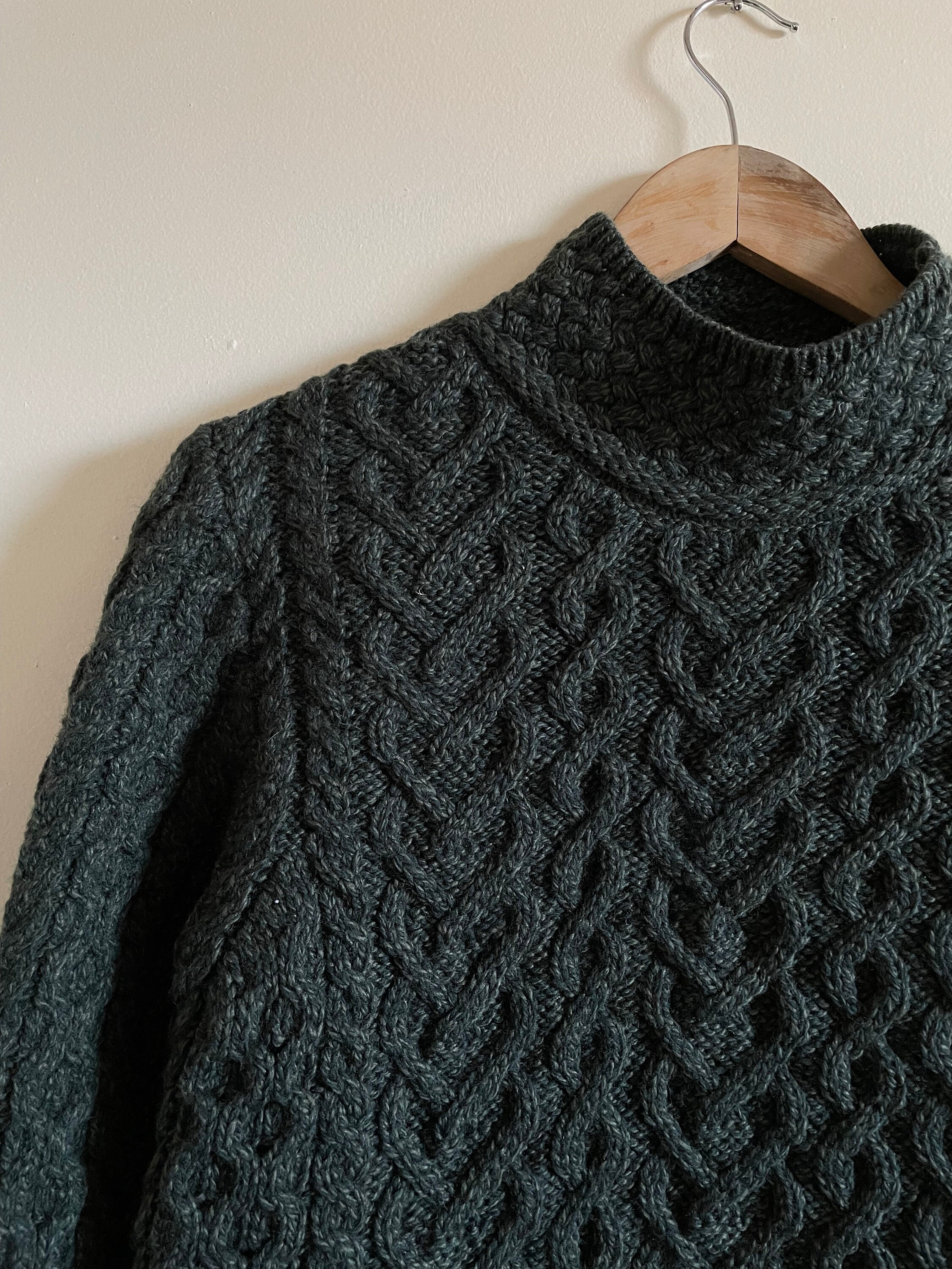 Aran Mor 100% Merino Wool Cable Forest Green Sweater Made in Ireland ...