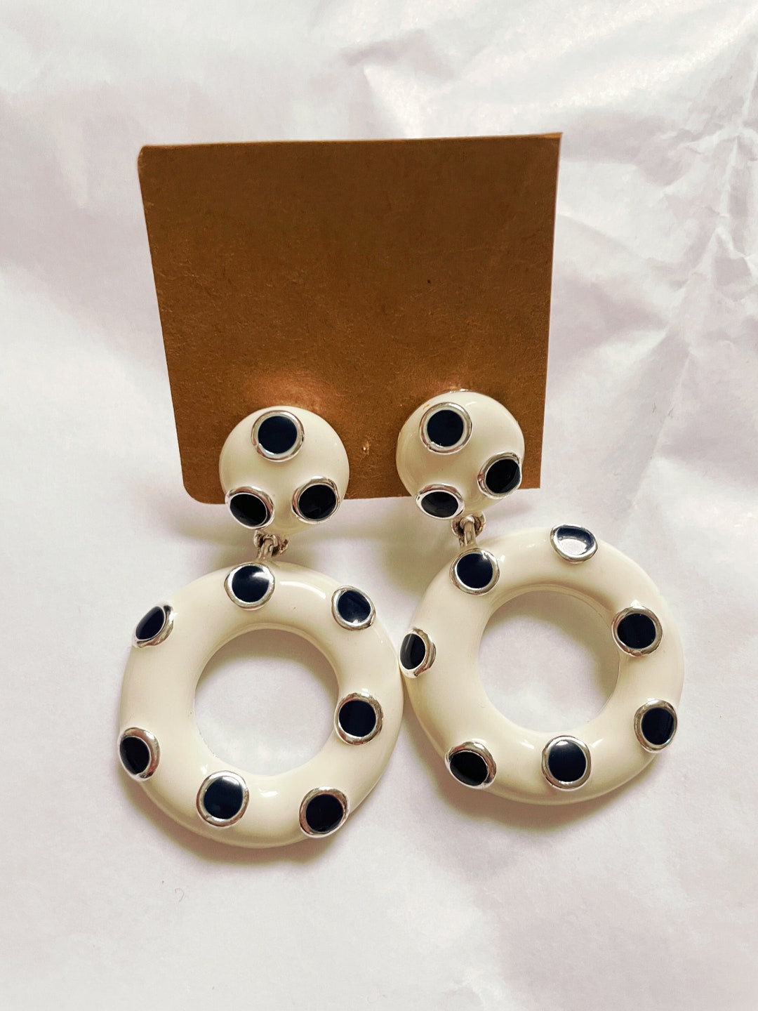 Vintage 80s Enamel Clip on Luxe off White Dots Donut Dangling Earrings ...