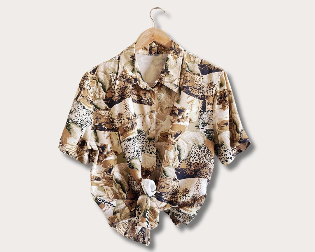 Vintage 80s Leopard Animal Print Short Sleeve Button Down | Rayon Print ...