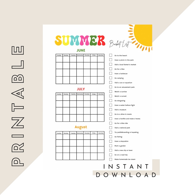 Kids Summer Bucket List Printable - Fun Scavenger Hunt & Activities for ...