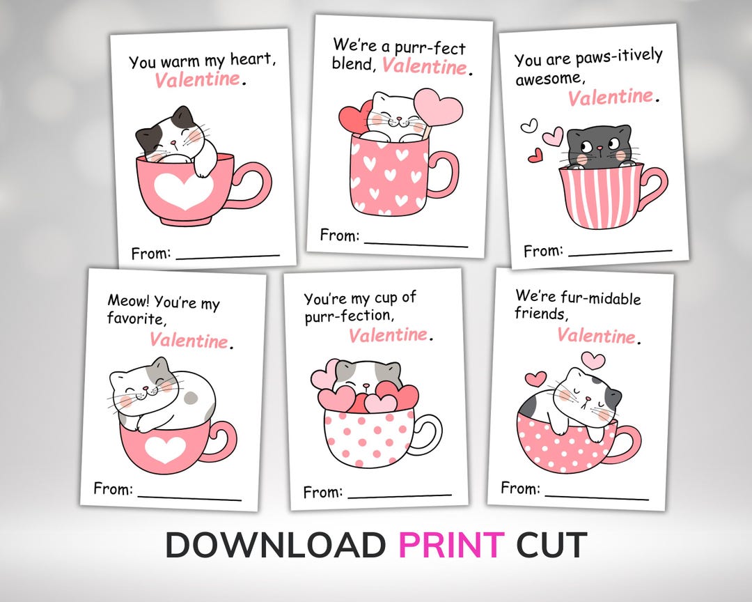 Printable Cat Valentines for Kids: Funny Kitty Pun Cards for Classroom ...