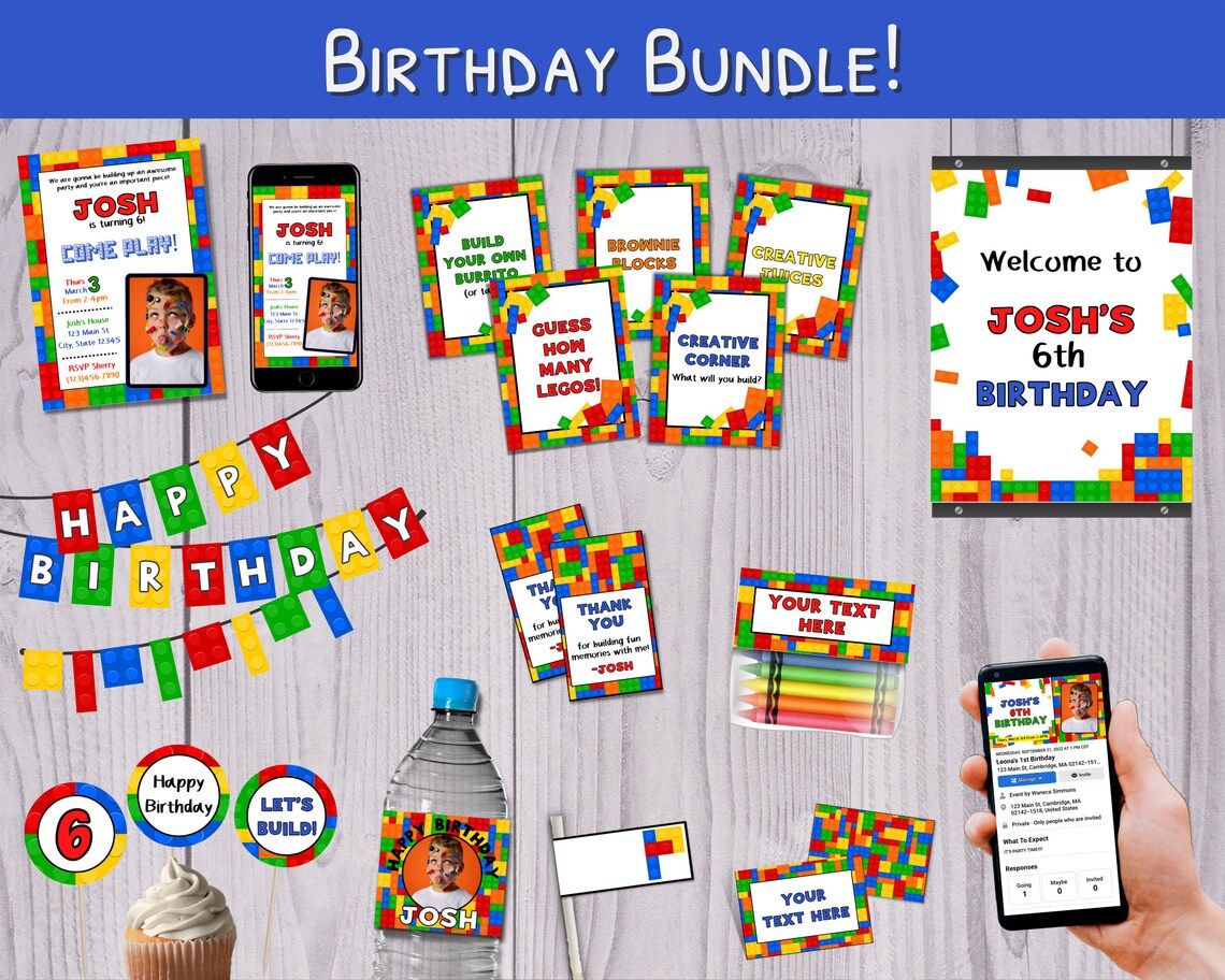 Building Brick Birthday Party Decorations Printable Birthday Bundle ...
