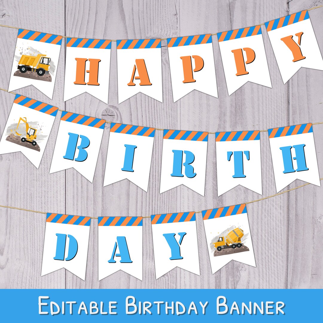 Construction Birthday Banner - Blue and Orange - Printable Birthday ...