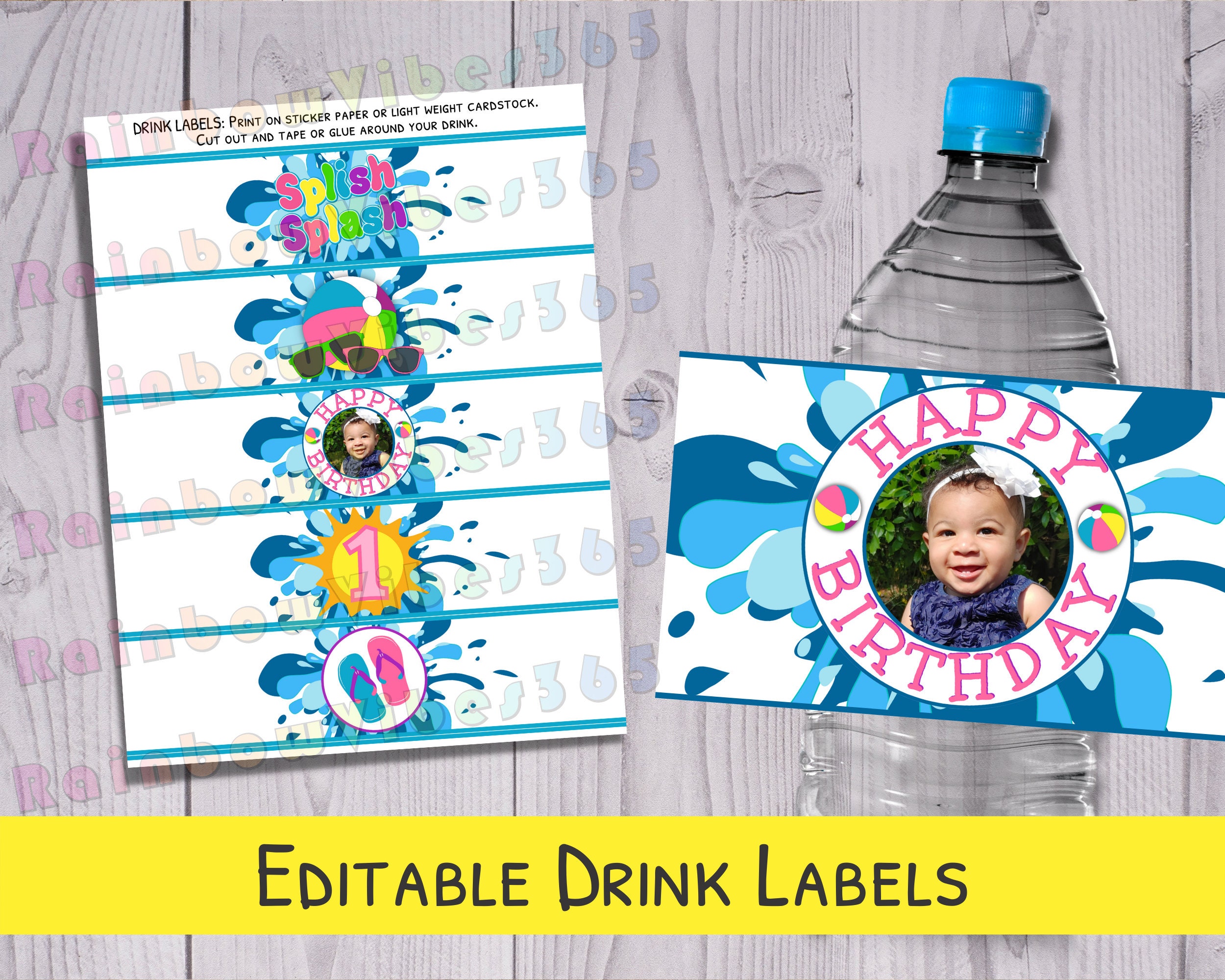Pool Party Water Bottle Labels With Photo Editable Splash Pad Water ...