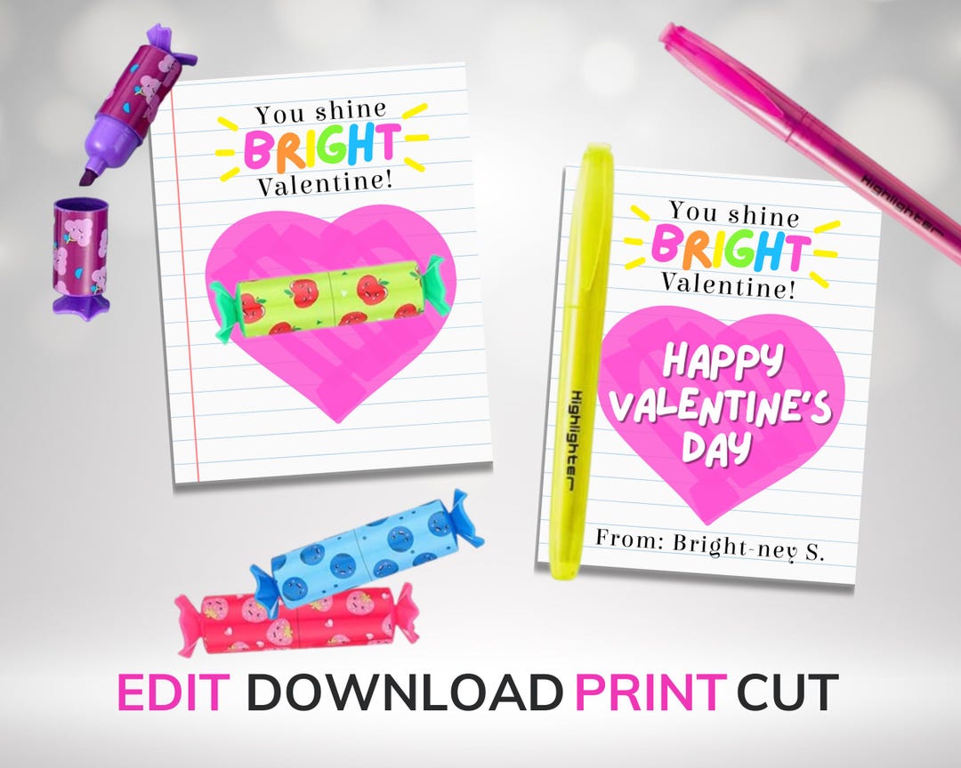 Highlighter Valentine Printable: Editable Kids Classroom Card (digital ...