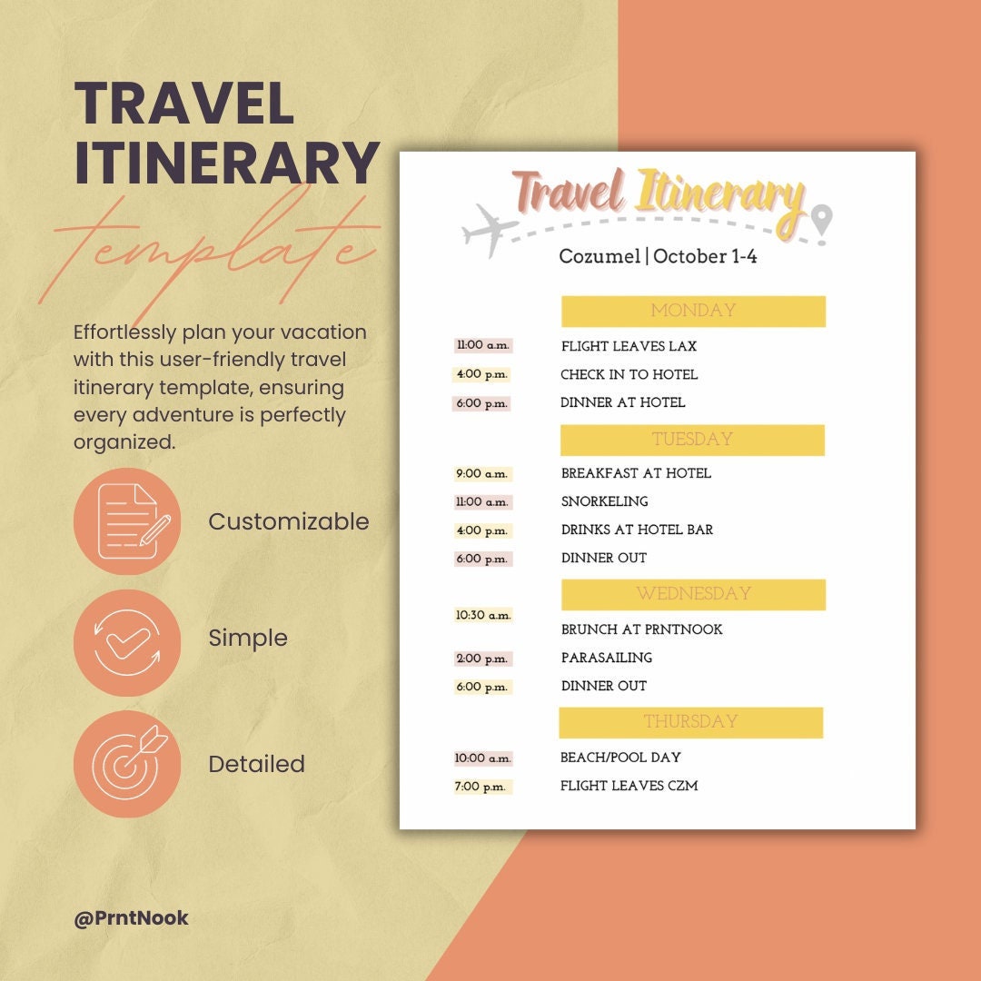 One Page Travel Itinerary Template - Etsy