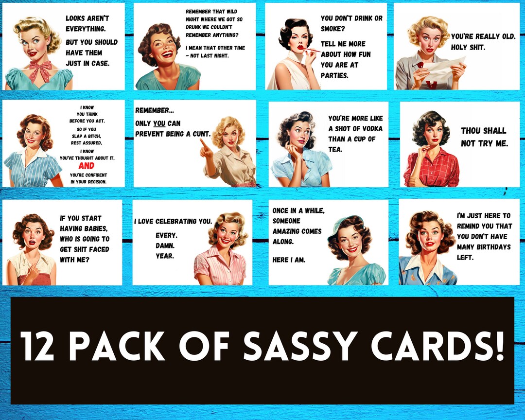 Pack of 12 Cards - Funny Sassy Card Set - Cards for Friends - Funny ...