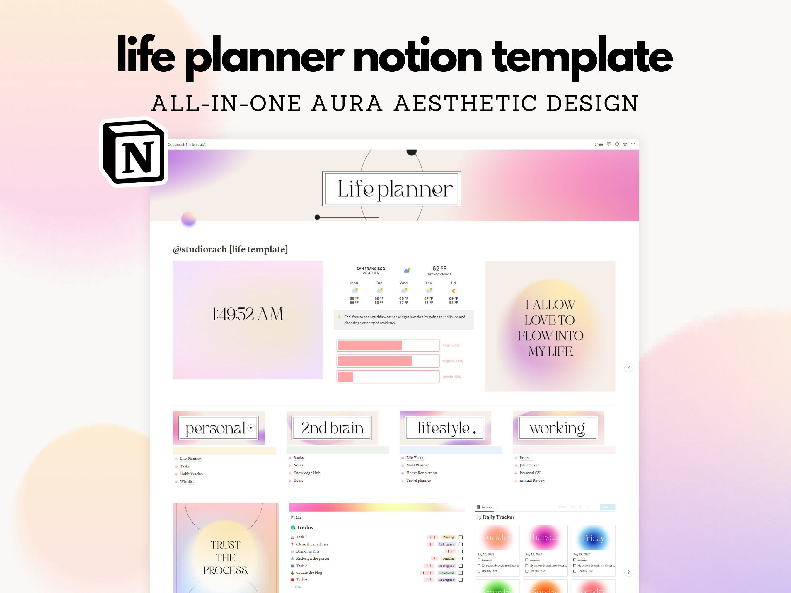 Life Planner Notion Template | Aesthetic Notion Dashboard, Notion Planner, All in One Notion ...