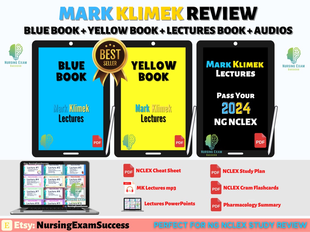 Complete Mark Klimek NCLEX Review Blue Book, Yellow Book, Lectures Book ...