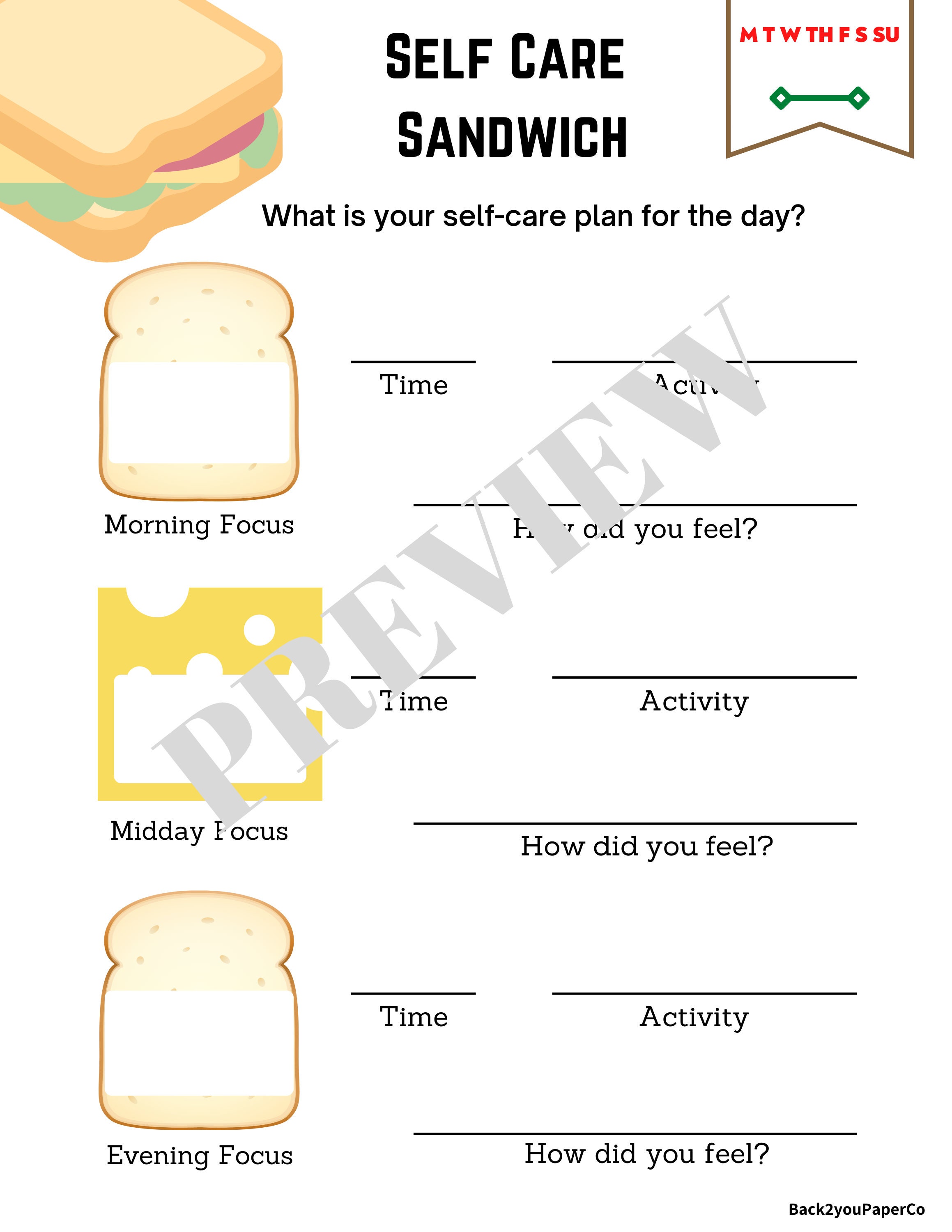 Self Care Sandwich Template Planner Mental Health - Etsy