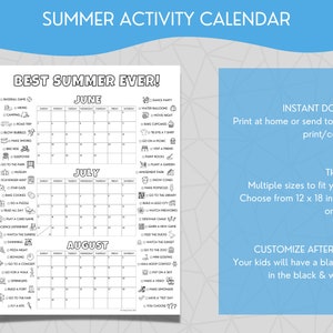 Summer Activity Calendar | Summer Bucket List | Kid's Summer Activity ...