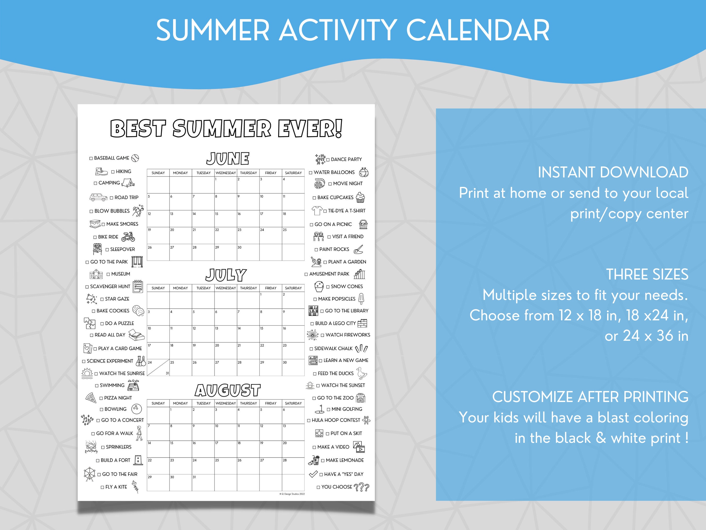 Summer Activity Calendar | Summer Bucket List | Kid's Summer Activity ...