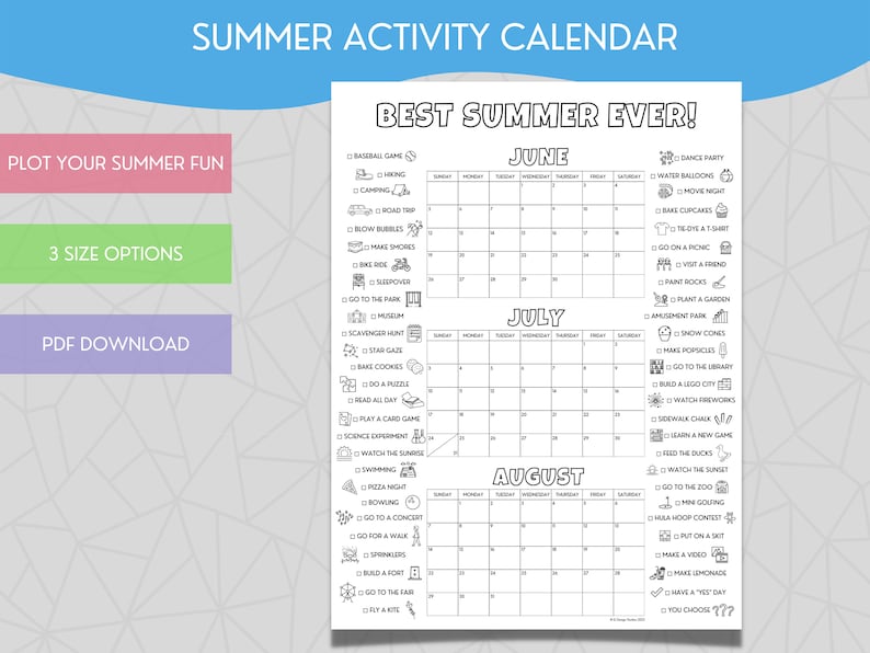 Printable Summer Activity Calendar: Kid's Bucket List Poster (PDF) - Etsy