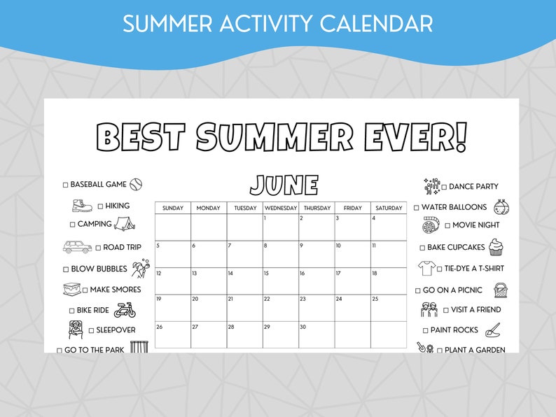 Summer Activity Calendar | Summer Bucket List | Kid's Summer Activity ...