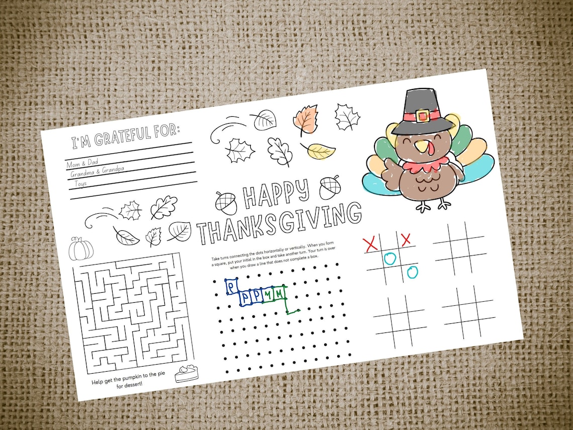 Thanksgiving Placemat for Kids: Printable Activity Sheet (PDF) - Etsy