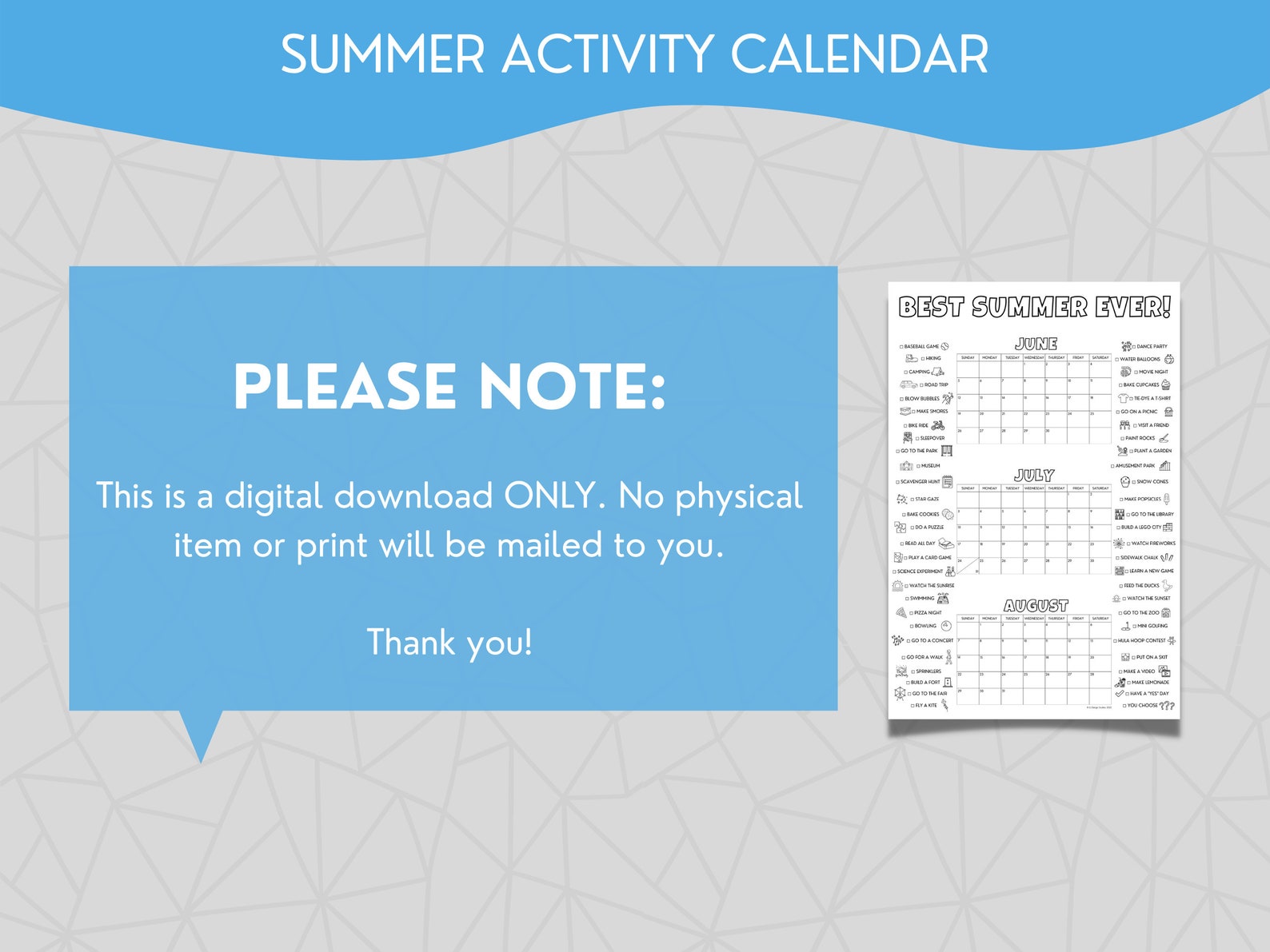 Printable Summer Activity Calendar: Kid's Bucket List Poster (PDF) - Etsy