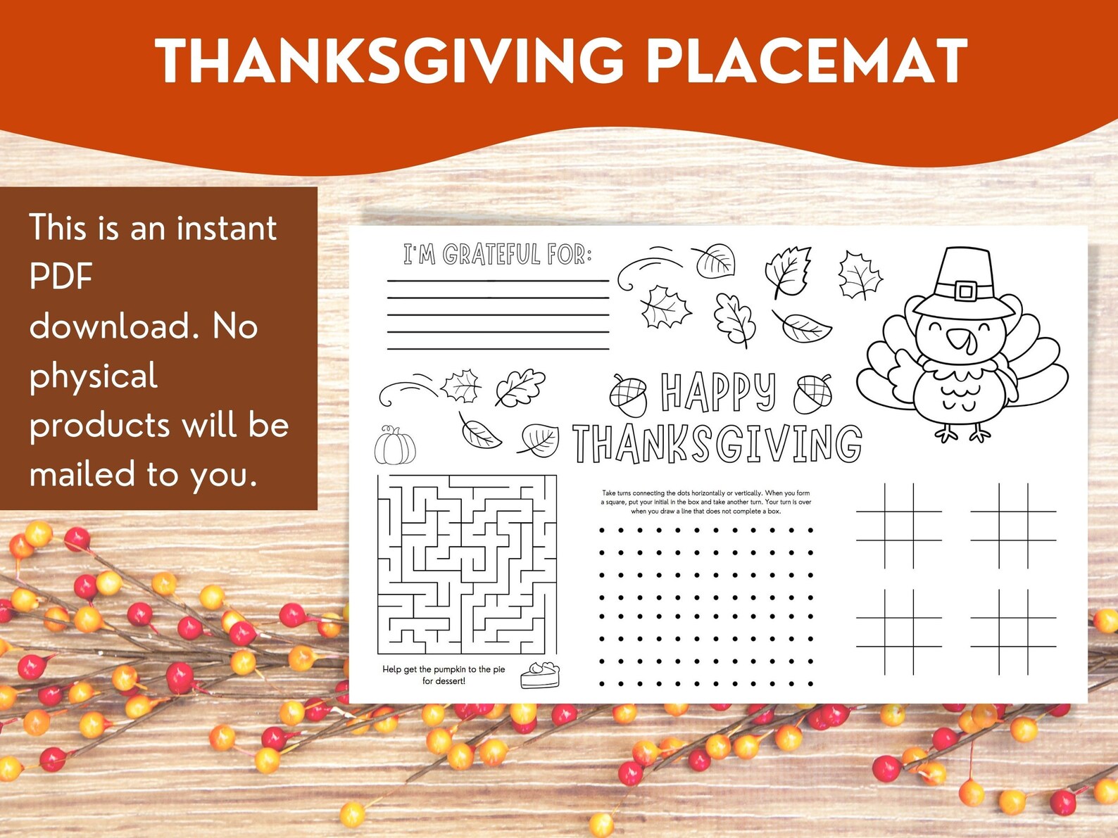 Thanksgiving Placemat for Kids: Printable Activity Sheet (PDF) - Etsy