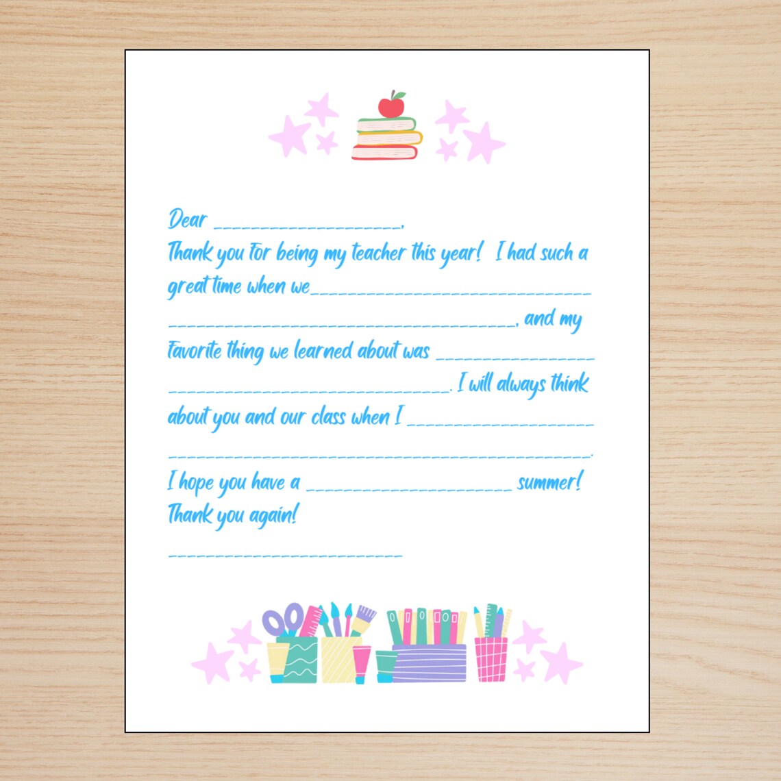 Personalized Teacher Gratitude Letter for Children Fill-in-the-blank ...