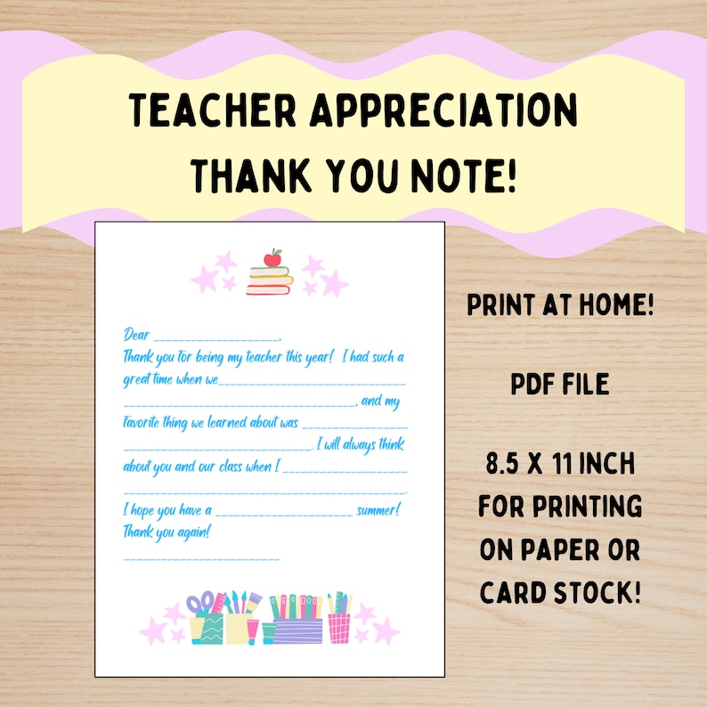 Personalized Teacher Gratitude Letter for Children Fill-in-the-blank ...