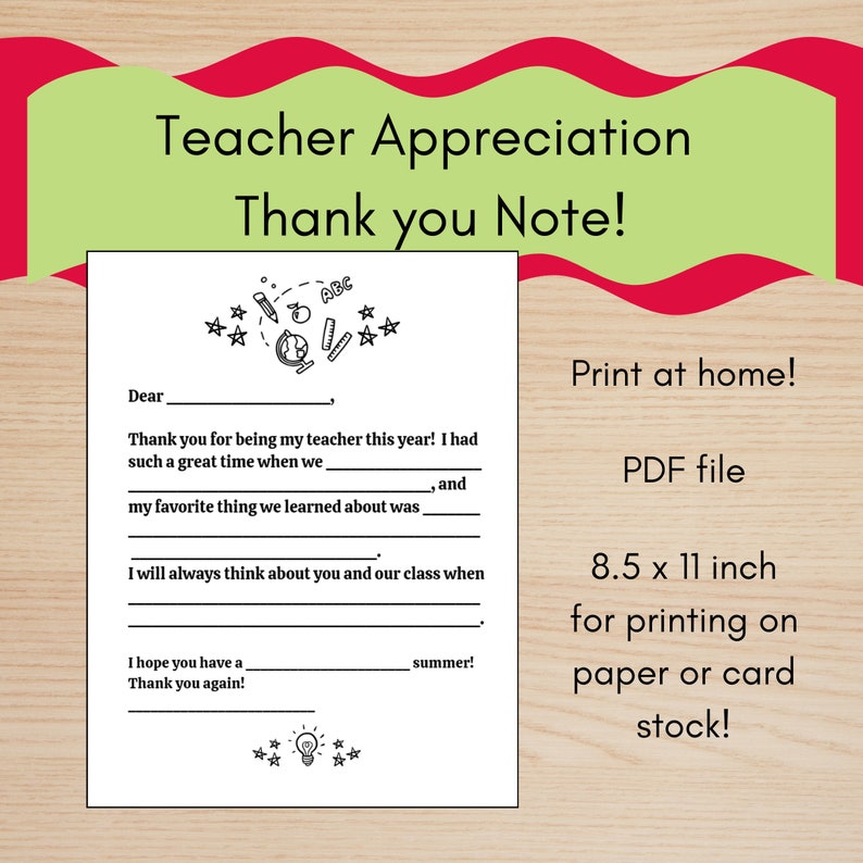 Customizable Teacher Appreciation Note for Kids Customizable Letter ...