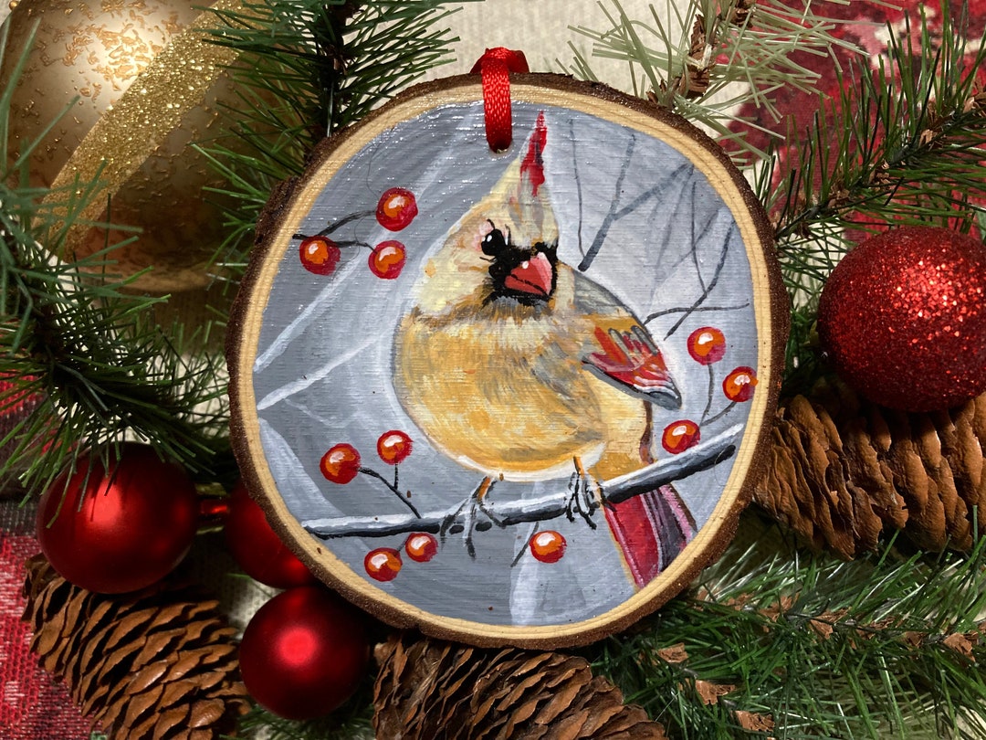 Female Cardinal HANDPAINTED Wood Slice Christmas Ornament - Etsy
