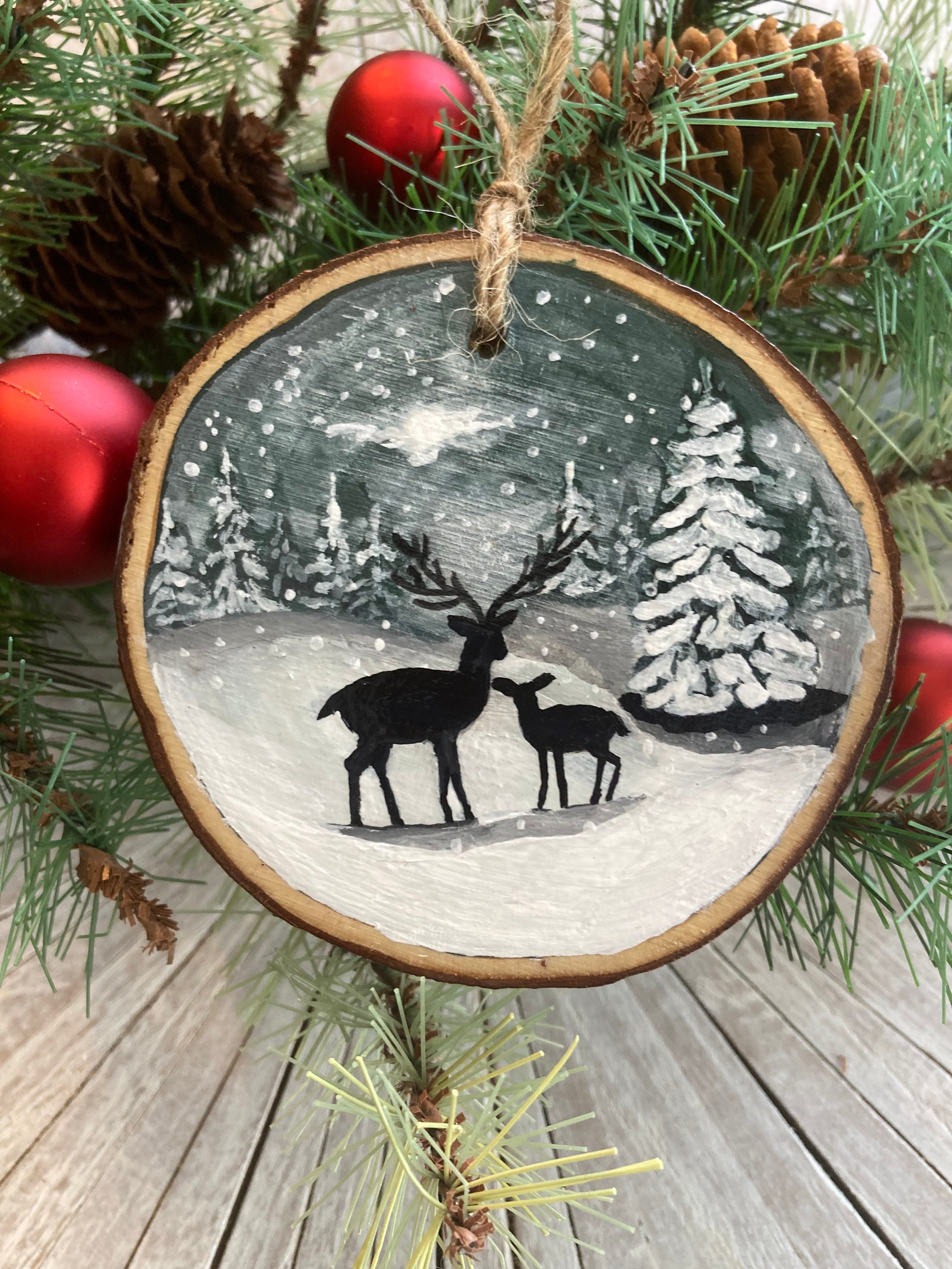 Wood Deer Buck Snow HANDPAINTED Wood Slice Christmas Ornaments - Etsy
