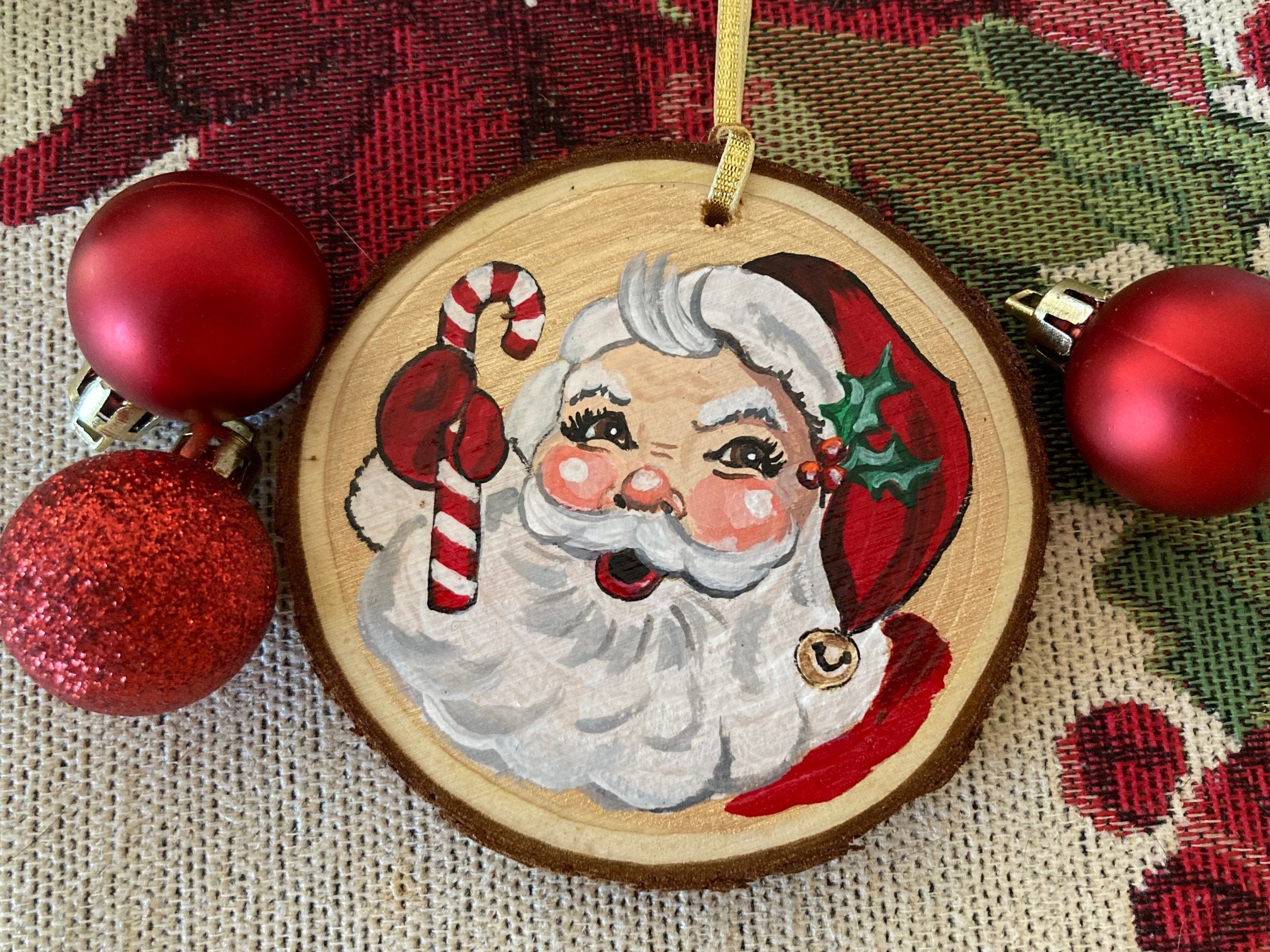 Santa With Candy Cane VINTAGE SANTA HANDPAINTED Wood Slice Christmas ...