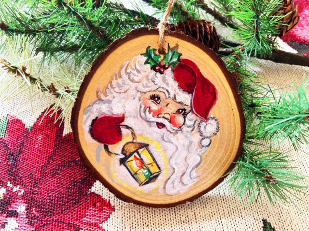 Santa With Lantern VINTAGE SANTA HANDPAINTED Wood Slice Christmas ...