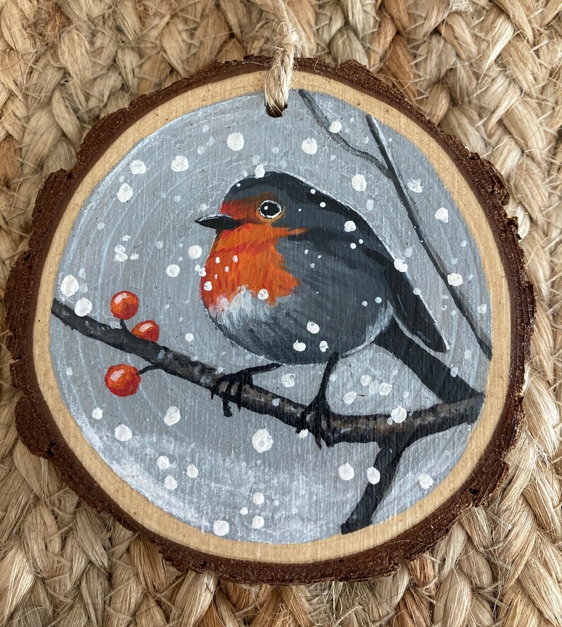 ROBIN in Snowfall HANDPAINTED Wood Slice Christmas Ornaments - Etsy