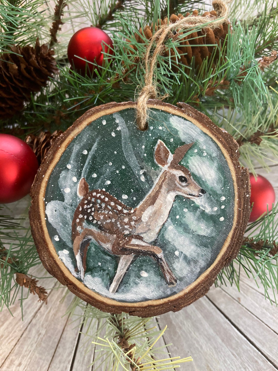 FAWN Woodland Deer Silhouette Snow HANDPAINTED Wood Slice Christmas ...