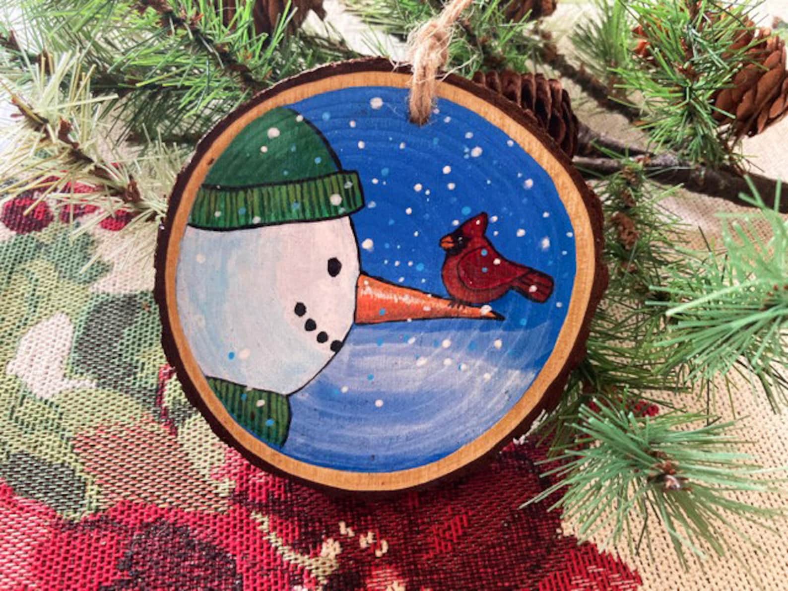Snowman Cardinal HANDPAINTED Wood Slice FEATHERED FRIENDS - Etsy