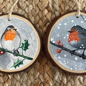 ROBINS in Winter HANDPAINTED Wood Slice Christmas Ornaments - Etsy