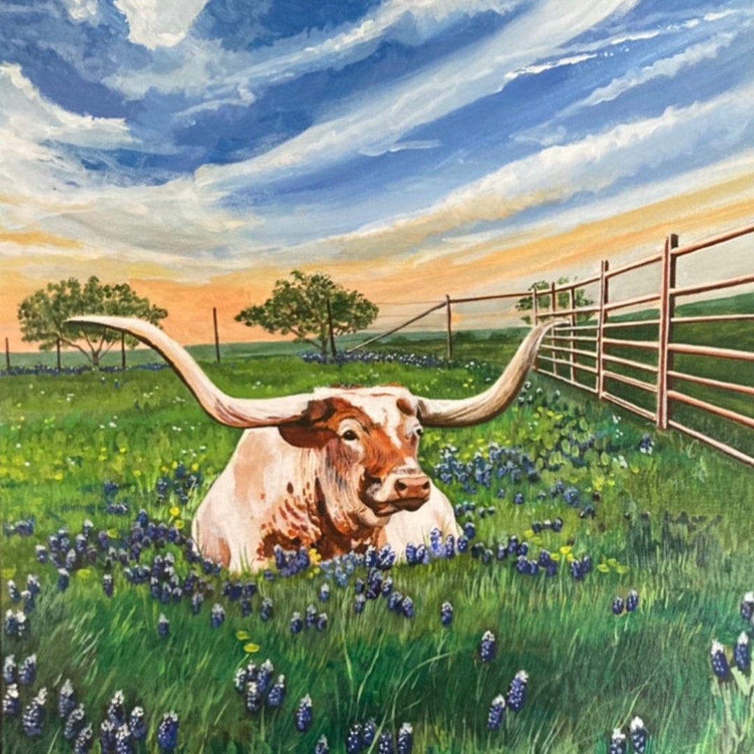 ORIGINAL Hand-painted Acrylic Painting "longhorn in Bluebonnets" 16x16 ...