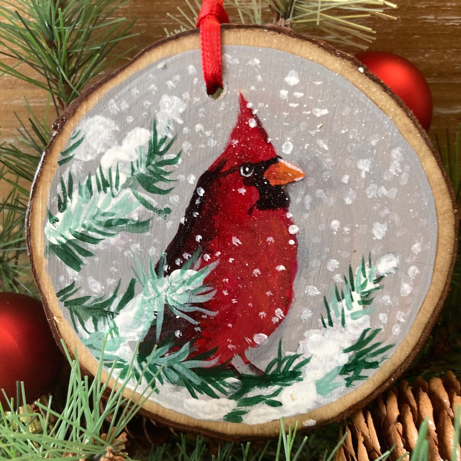 Sitting Cardinal Bird Snow HANDPAINTED Wood Slice Christmas - Etsy