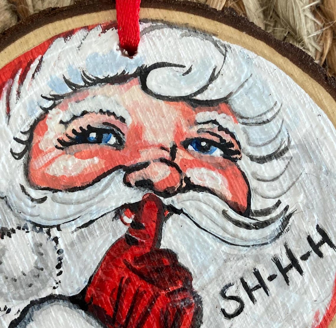 Vintage Santa HANDPAINTED Wood Slice Christmas Ornament -SHHH! - Etsy