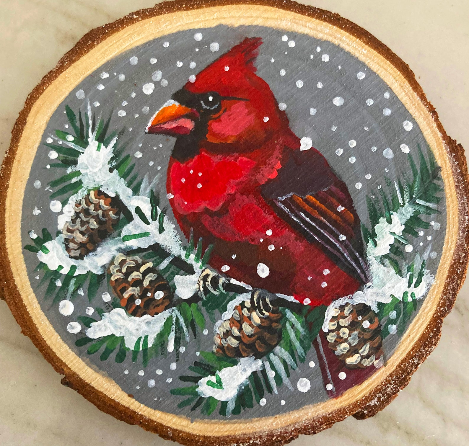 Sitting Cardinal Bird Snow HANDPAINTED Wood Slice Christmas Ornaments ...