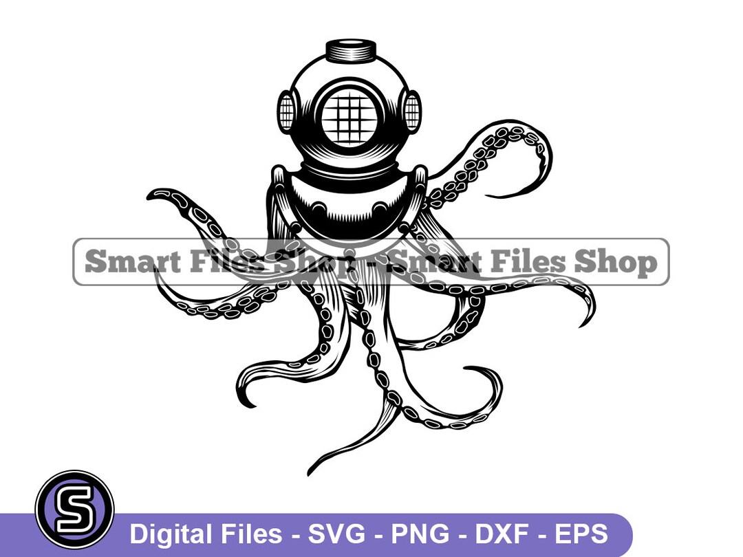 Octopus With Helmet SVG, Octopus Svg, Nautical Svg, Retro Divers Helmet ...