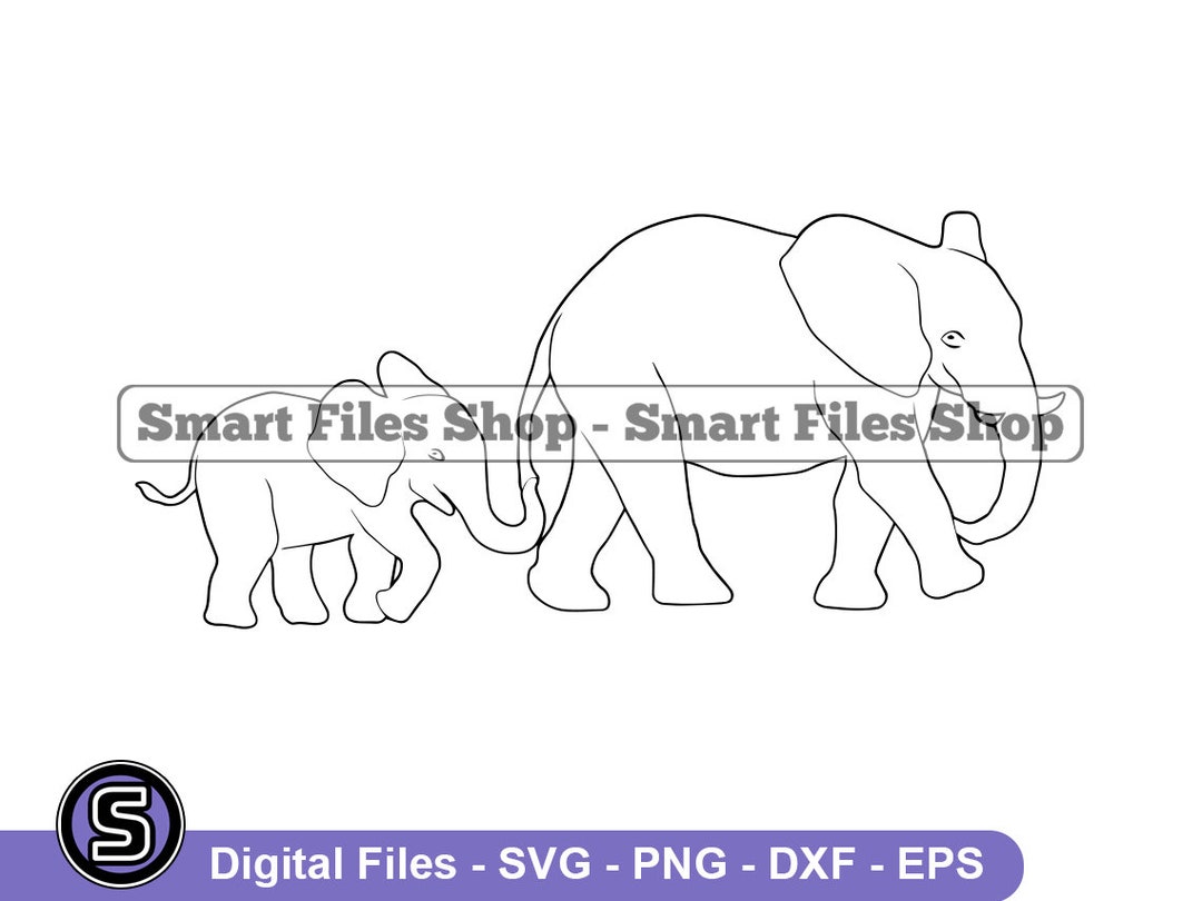 Mama and Baby Elephant Outline Svg, Mama Elephant Svg, Baby Elephant ...