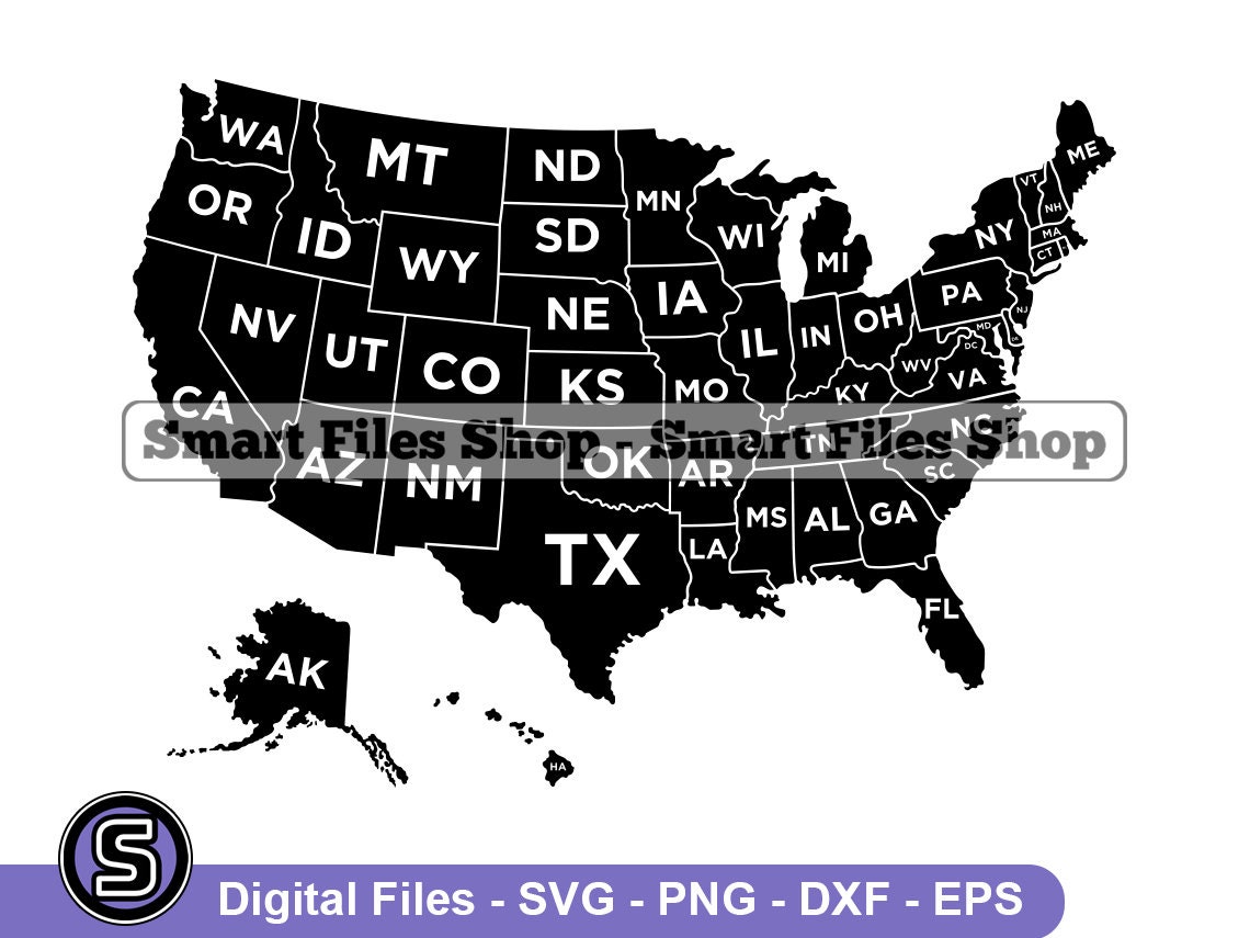 50 States Svg USA Map Svg US Map Svg 50 States Dxf 50 - Etsy