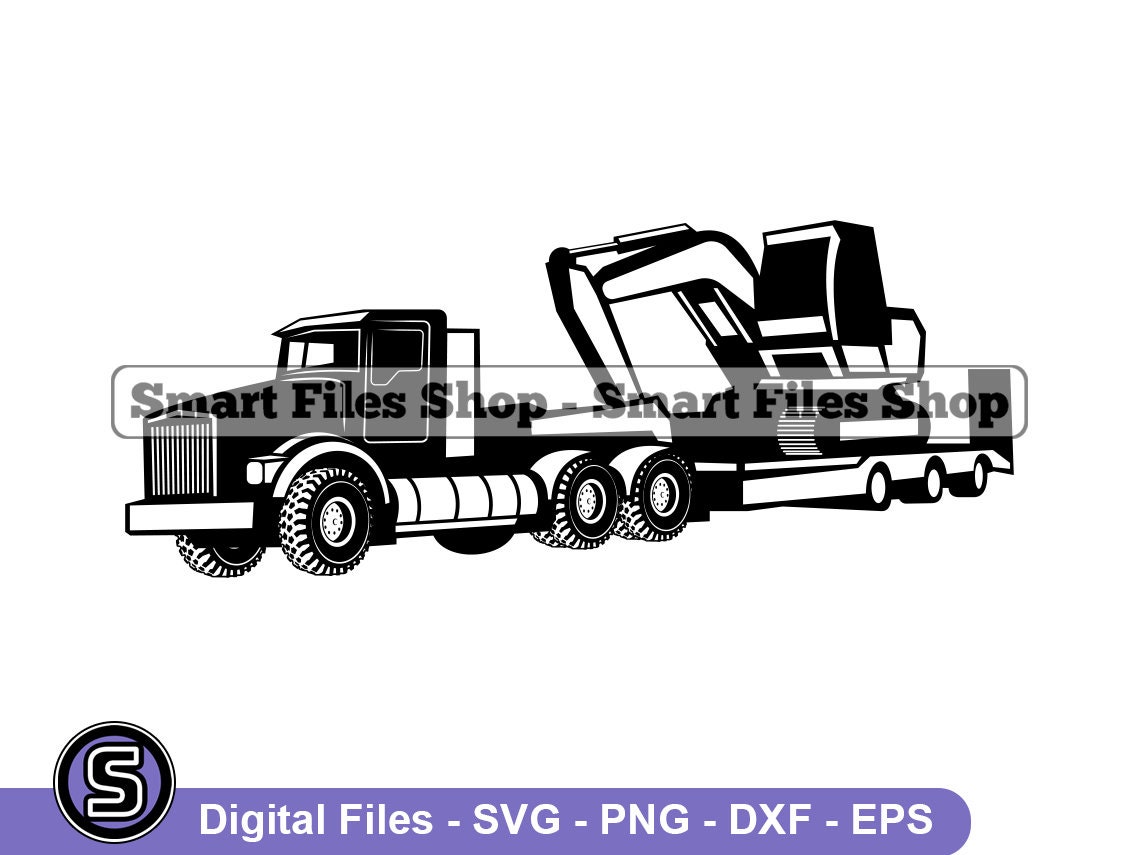 Lowboy Truck Hauling an Excavator #2 Svg, Lowboy Trailer Svg, Truck Svg ...