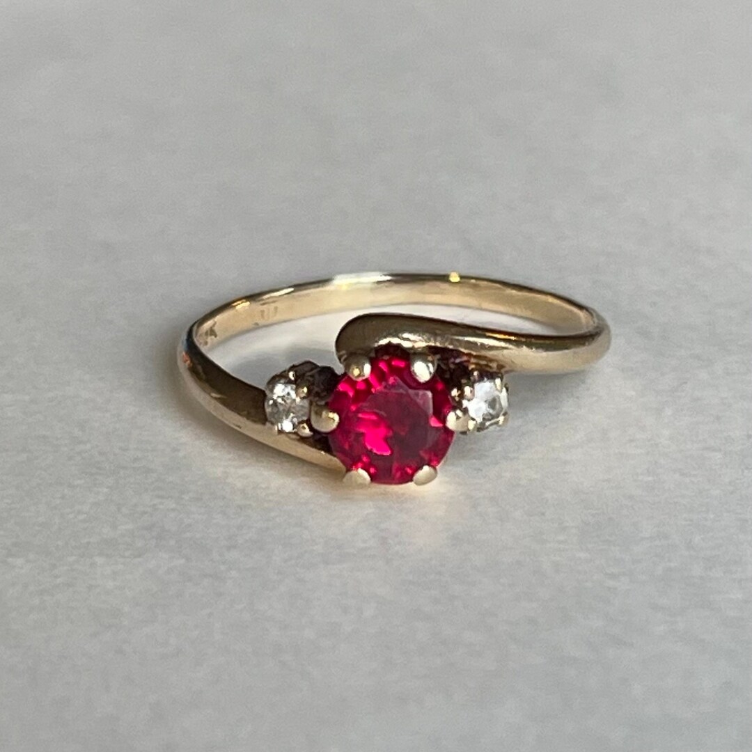 Vintage 10K Gold Ruby and White Topaz Three Stone Ring, Size 6.25, 1.5 ...