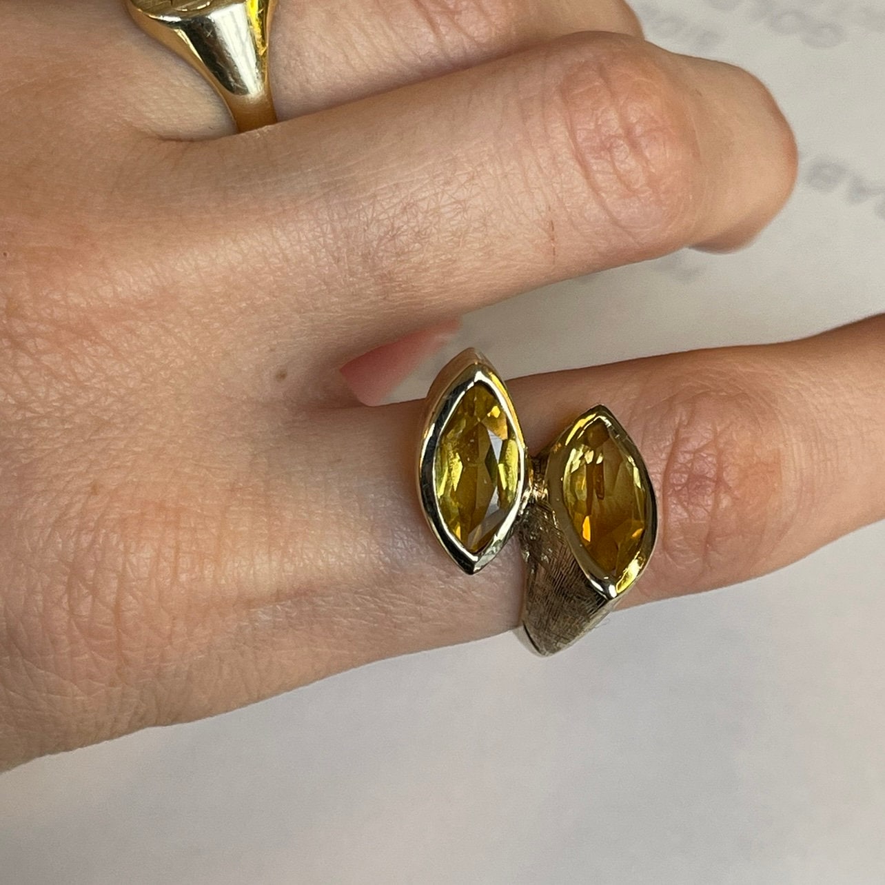 Brutalist Heavy 10K Dason Gold 1940s Marquise Cut Citrine Dason Ring, Size 7, 8.1 Grams ...