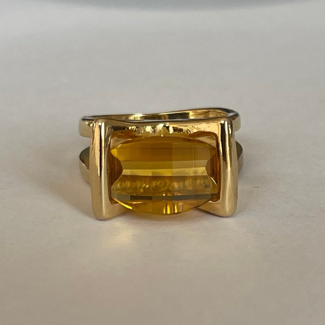 18K Stamped 14K Tested Fancy Cut Citrine Ring, Size 5.75, 5.02 Grams ...