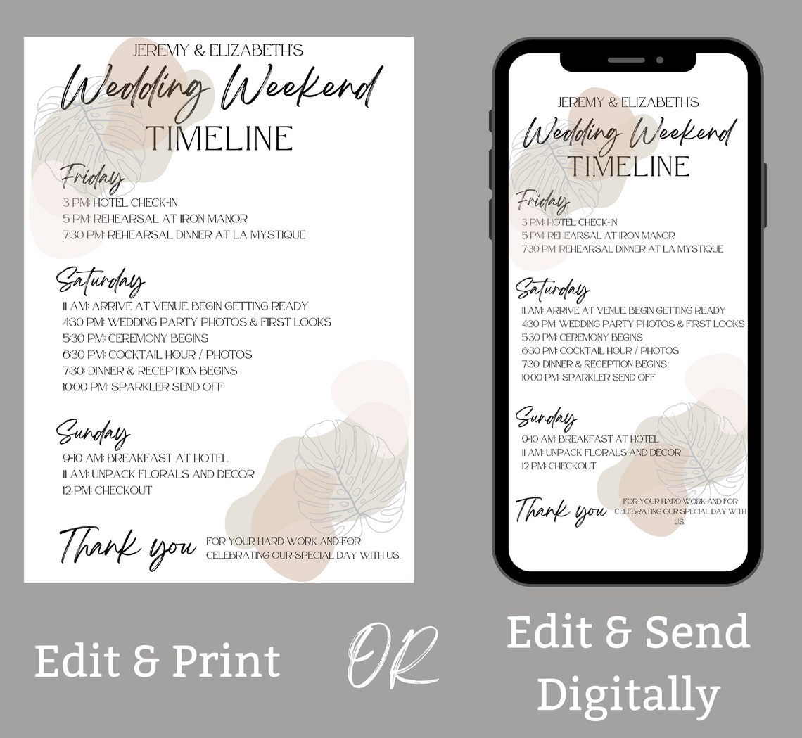 Wedding Weekend Timeline Template, Wedding Weekend Itinerary, Wedding ...