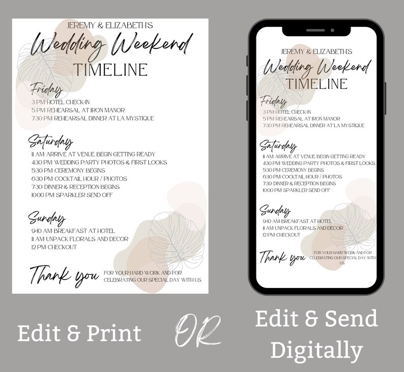 Wedding Weekend Timeline Template, Wedding Weekend Itinerary, Wedding ...
