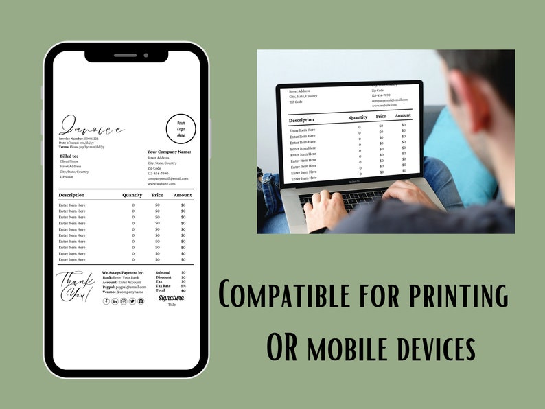 Editable Invoice Template, Custom Invoice With Logo, Printable or ...