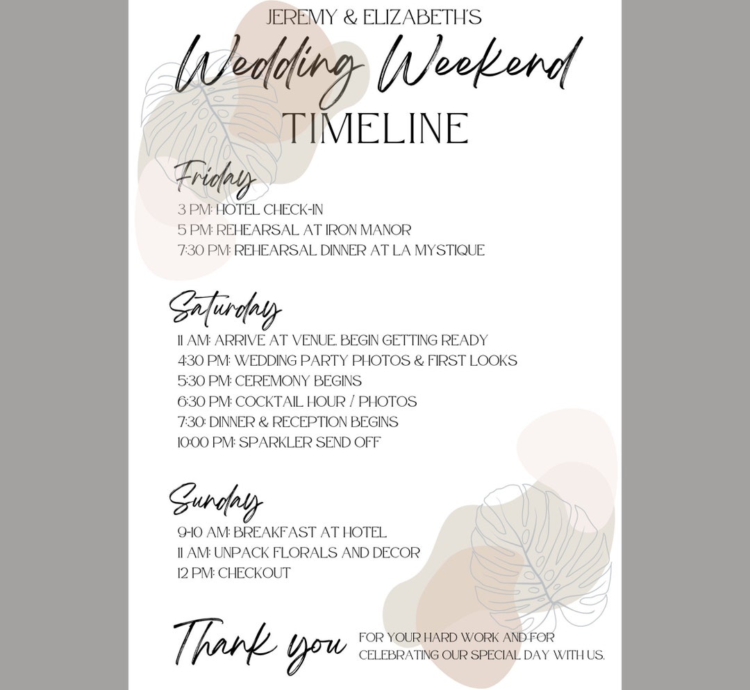 Wedding Weekend Timeline Template, Wedding Weekend Itinerary, Wedding ...