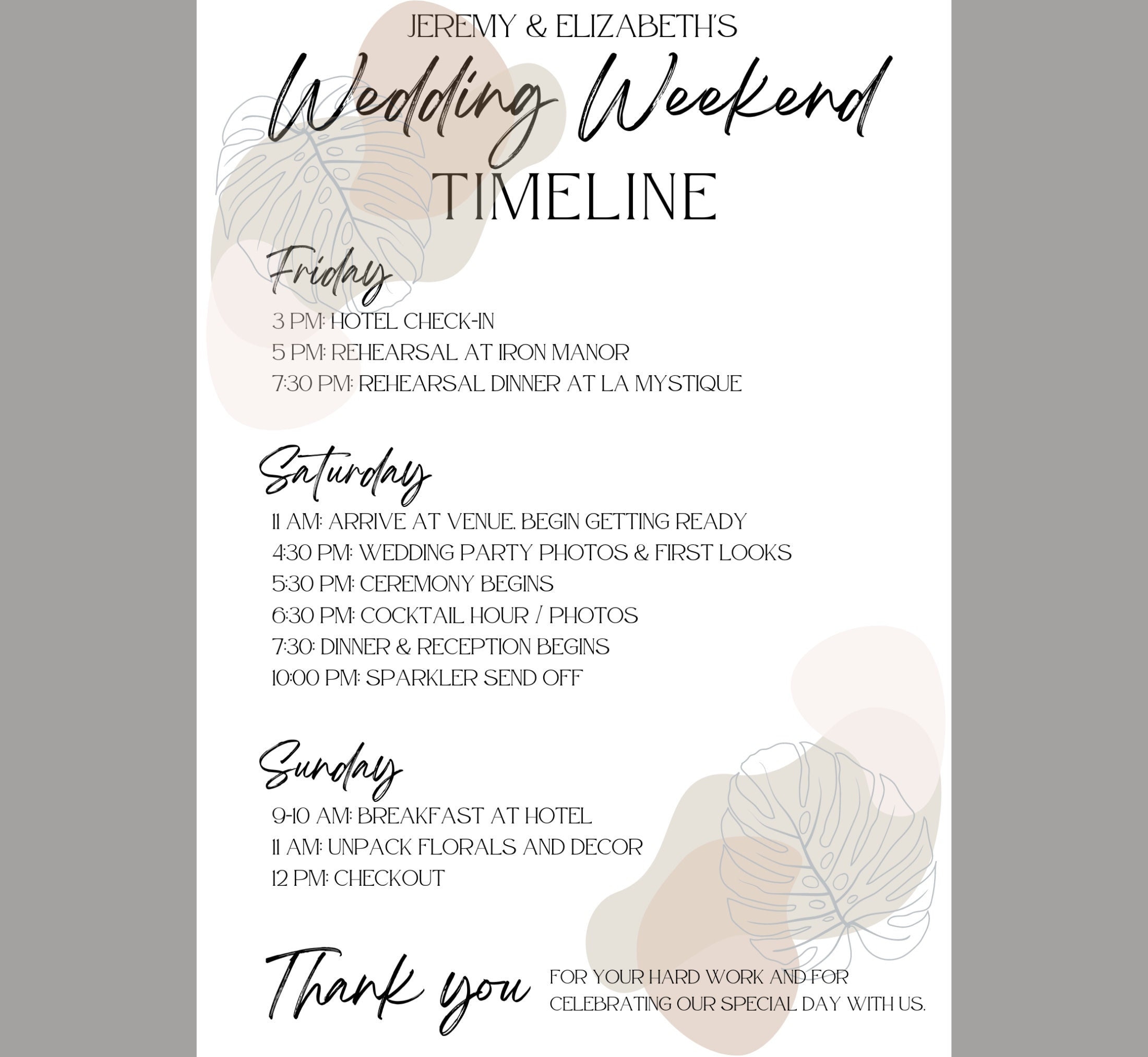 Wedding Weekend Timeline Template, Wedding Weekend Itinerary, Wedding ...